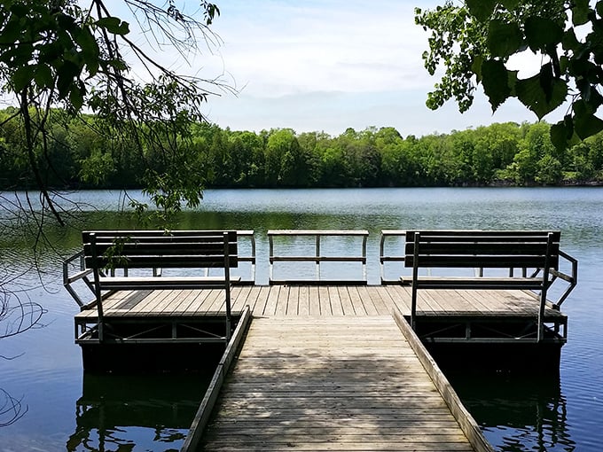 Two benches, one spectacular view, zero distractions. This lakeside dock proves sometimes the best entertainment doesn't require downloading an app.