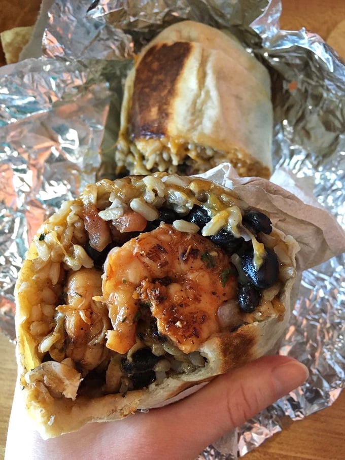 Not just a burrito &ndash; a portable feast featuring plump shrimp, rice, and beans that puts sad desk lunches everywhere to shame.