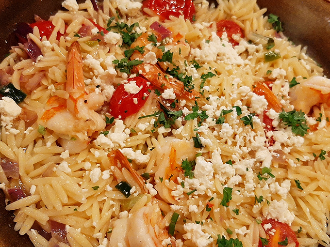 Shrimp orzo that brings Mediterranean sunshine to Pennsylvania. Those little pink crescents nestled among pasta pearls and feta make Monday feel like vacation. 