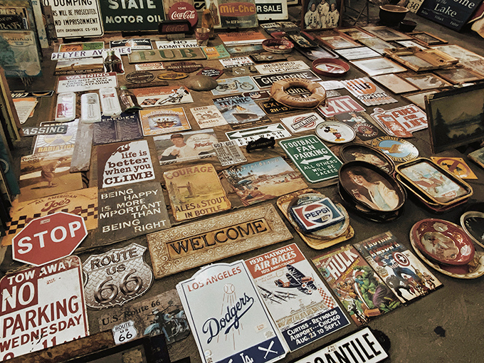 A tabletop time capsule of Americana. Route 66 signs mingle with Dodgers memorabilia, proving nostalgia is always in style.