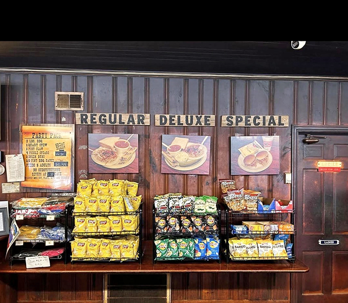 The snack area wall proudly displays meal options like museum exhibits – Regular, Deluxe, Special – each a different path to barbecue enlightenment.