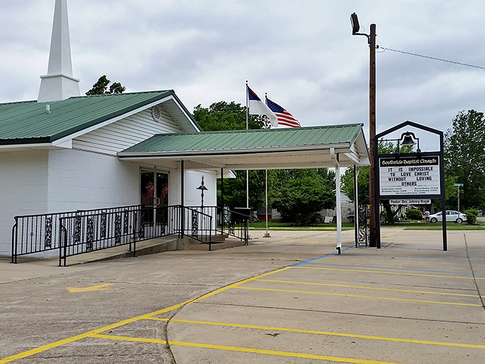 Churches like Southside Baptist form the spiritual and social center of Kennett life. The steeple points heavenward while the ramp welcomes all earthly visitors.