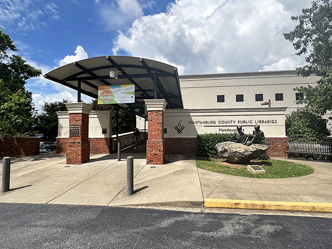 The Spartanburg County Library welcomes knowledge-seekers with an entrance that says "books inside" more elegantly than any sign could manage.