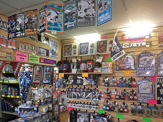 Sports paradise for the fan who wants their allegiance visible from every angle. The wall-to-ceiling team merchandise transforms fandom into interior design statement.