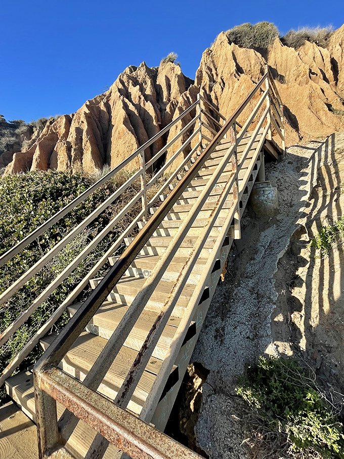 The stairway to heaven is actually a stairway to beach. These wooden steps lead adventurers down to paradise, with each descent revealing new coastal wonders.