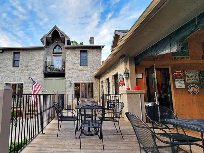 Stone House Tavern's outdoor seating invites you to enjoy a cold one while watching the world go by at Waynesville's leisurely pace.