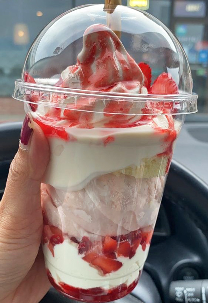 Layers of strawberry, cream, and cake create a parfait so beautiful you almost feel guilty destroying it. Almost.