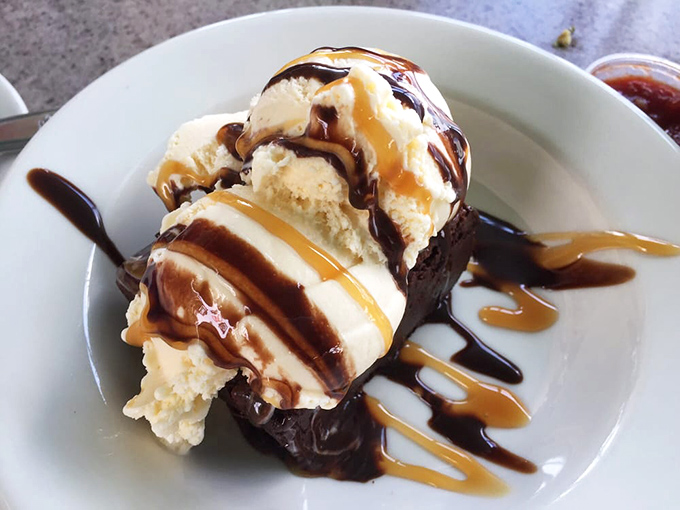 A chocolate sundae that proves even seafood restaurants understand that every epic meal deserves its sweet finale.