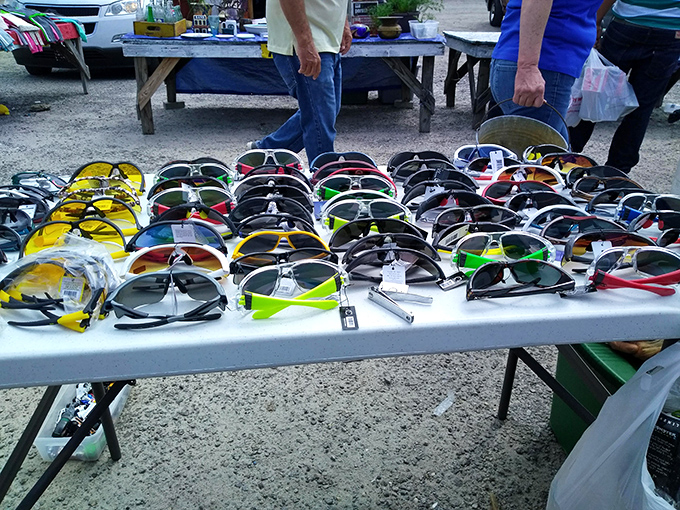 Sunglasses in every hue imaginable stand at attention, ready to shield eyes from both the Carolina sun and the glare of incredible bargains.