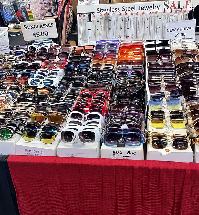 Sunglasses displays that would make any Hollywood star jealous, offering designer looks at bargain basement prices.