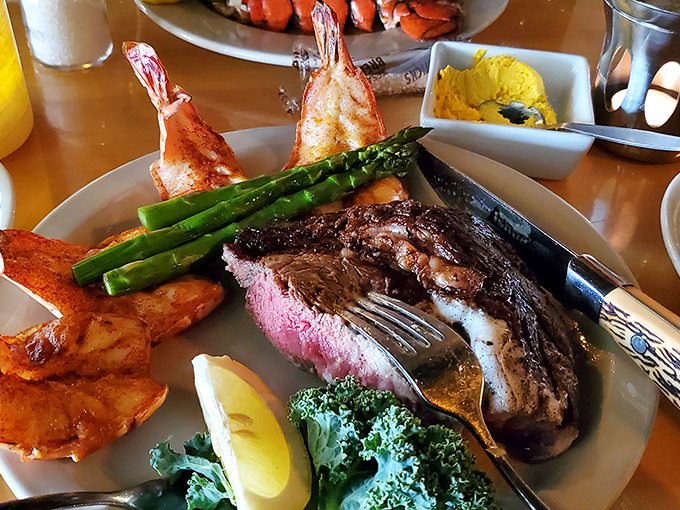 Surf meets turf in this culinary tango of perfectly cooked steak and succulent shrimp, with asparagus playing elegant chaperone.