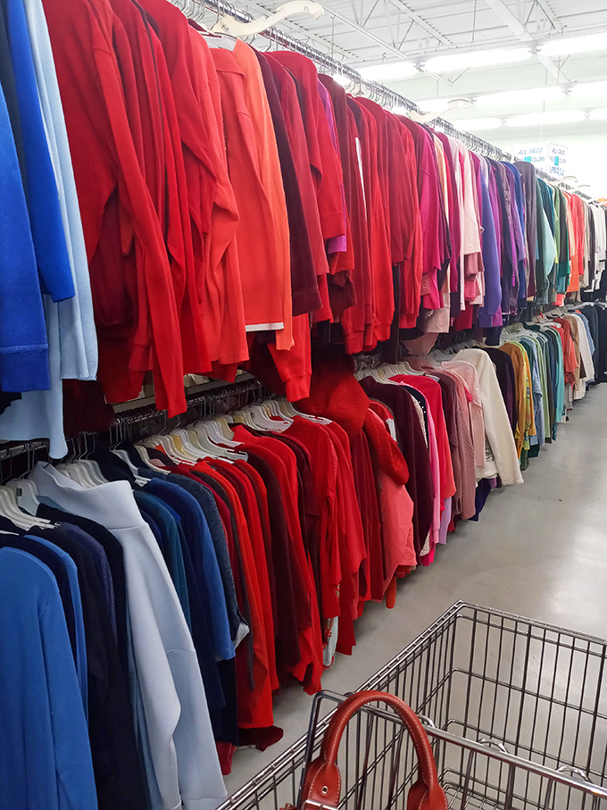 A rainbow of sweaters organized by color creates an Instagram-worthy moment that's actually affordable &ndash; unlike most things worthy of social media.