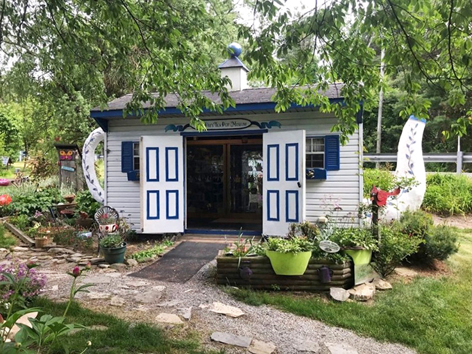 This quaint blue and white cottage looks like it was plucked straight from a fairy tale. Elephants probably live inside.