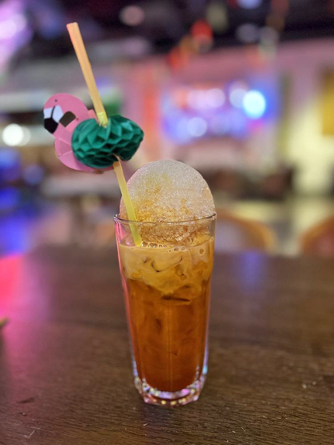 Their Thai iced tea comes dressed for the occasion, complete with a flamingo garnish that says, "Yes, we take fun as seriously as we take flavor."