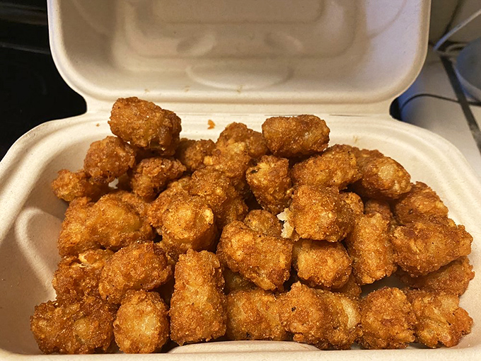 Golden-brown tater tots that crunch like nature's perfect percussion instrument. The kind of side dish that steals scenes from the main attraction.