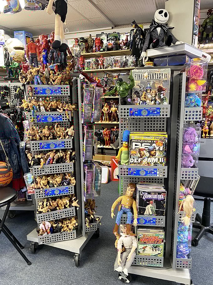 Action figures standing guard over shelves packed with childhood dreams and collector's holy grails.