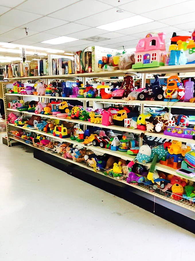 Childhood nostalgia by the shelf-full. These colorful toys have survived one generation and stand ready for their encore performance.