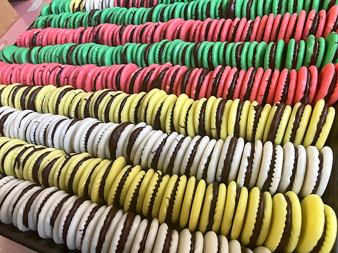 These colorful sandwich cookies stand at attention like delicious little soldiers, each one a different flavor adventure waiting to happen.