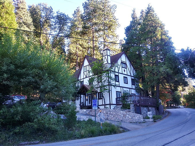 This charming Tudor building could be plucked from a European village, yet it's pure California mountain magic nestled among towering pines.