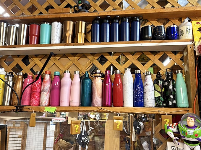 A rainbow arsenal of modern hydration meets at this booth. In the battle against single-use plastics, these soldiers of sustainability stand colorfully at attention.