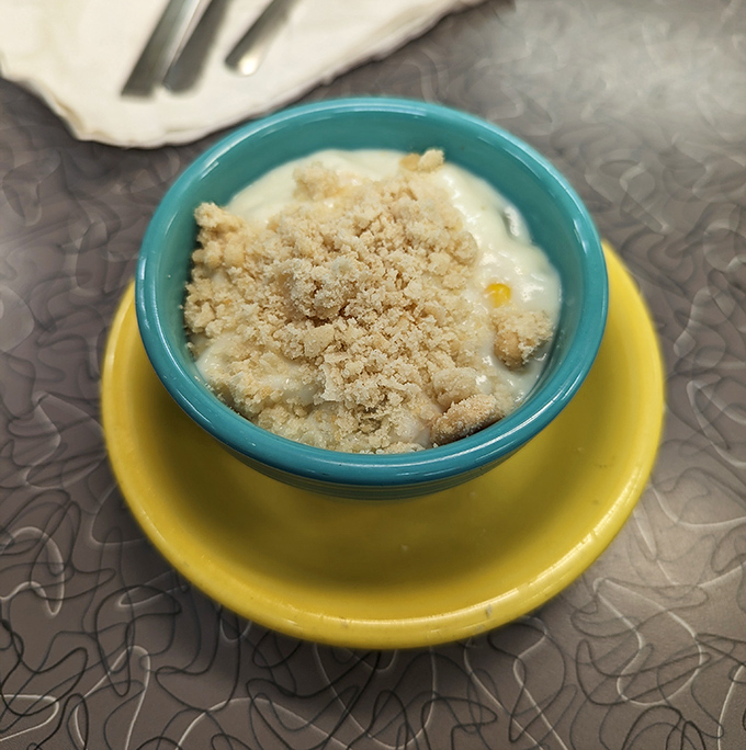 Comfort in a bowl: creamy pot pie soup topped with buttery crumbles that would make your grandmother simultaneously proud and jealous.