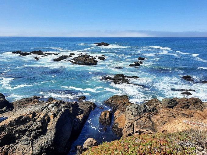 The Pacific puts on its best blue performance, with rocky outcroppings creating nature's own version of a splash zone.