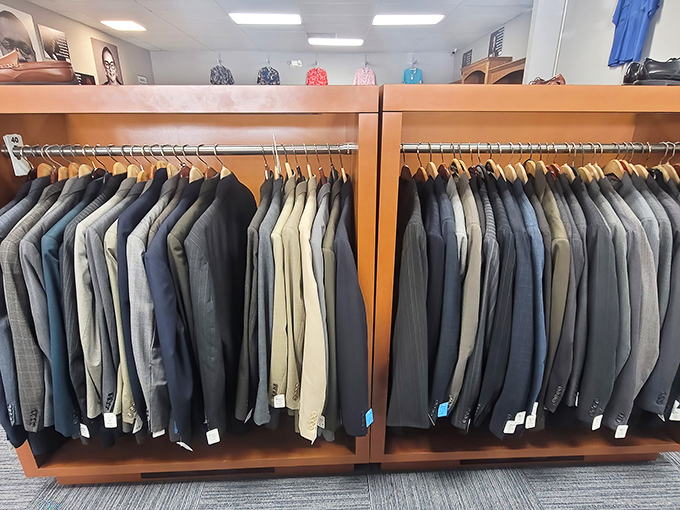 Suit heaven for the budget-conscious professional. These jackets have attended fewer meetings than most of us had this week.