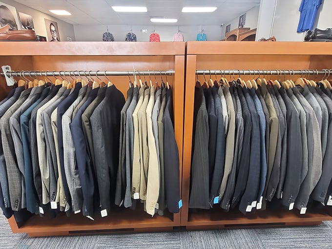 Suit heaven for the budget-conscious professional. These jackets have attended fewer meetings than most of us had this week.