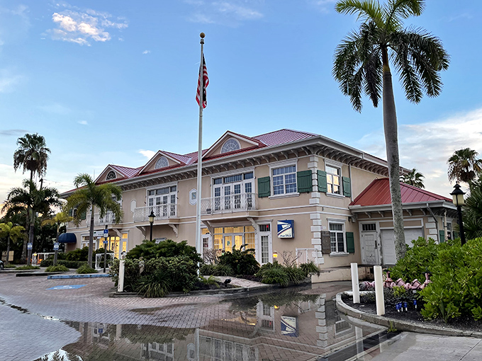 The historic post office stands as a dignified reminder of Anna Maria's past, palm trees standing guard like sentinels.