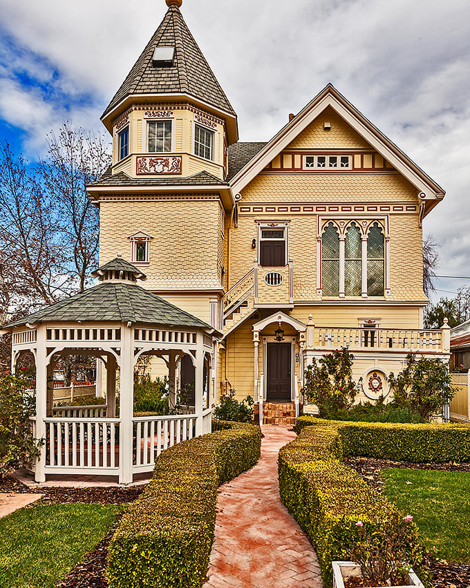 The Victorian Mansion looks like it was plucked from a storybook, complete with gazebo. Wes Anderson would approve of this color palette.