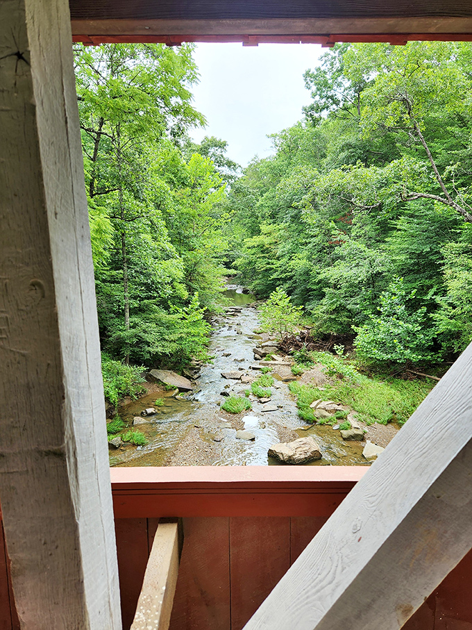 The view that makes you pause mid-crossing. Looking out from inside the bridge offers a perfect frame for Jonathan Creek's rocky journey.