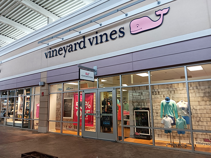 Preppy paradise with that signature pink whale. Vineyard Vines brings Martha's Vineyard style to Georgia at prices that won't sink your savings.