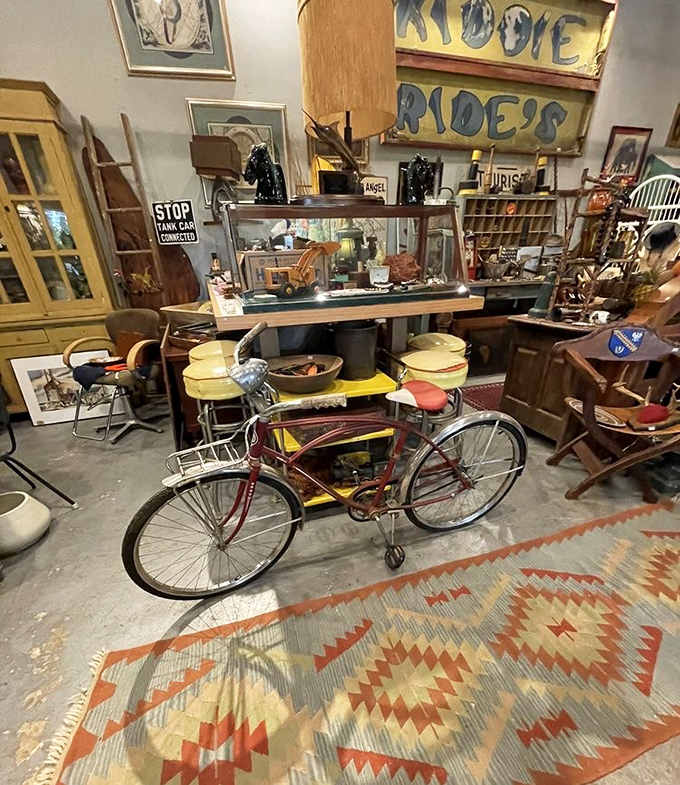This vintage bicycle isn't just transportation&mdash;it's a time machine on wheels, parked on a southwestern-patterned rug of equal character.