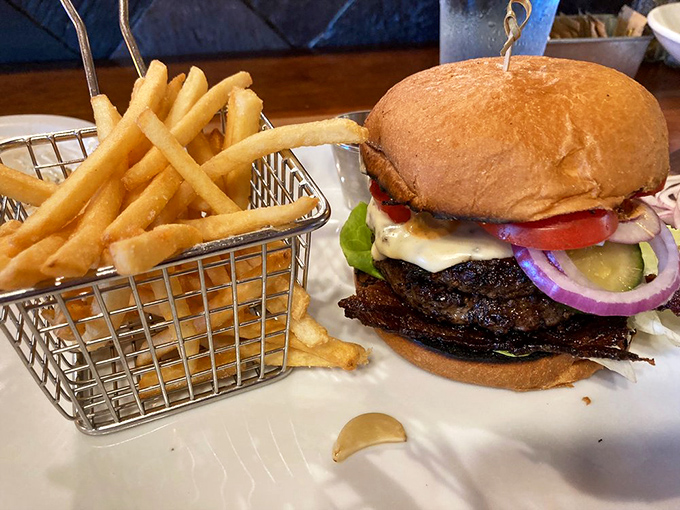 A burger that makes you question every other burger you've ever committed to memory. The basket of fries is just showing off.