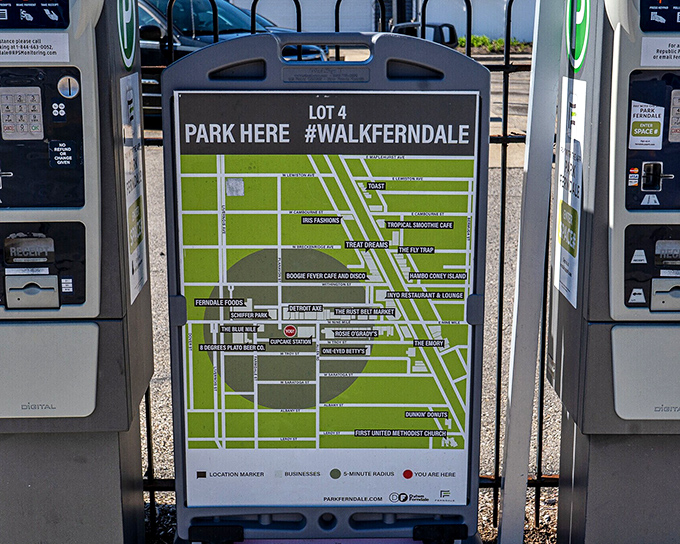 "Park Here #WalkFerndale" &ndash; even the parking meters in walkable towns invite you to ditch the car and explore on foot.