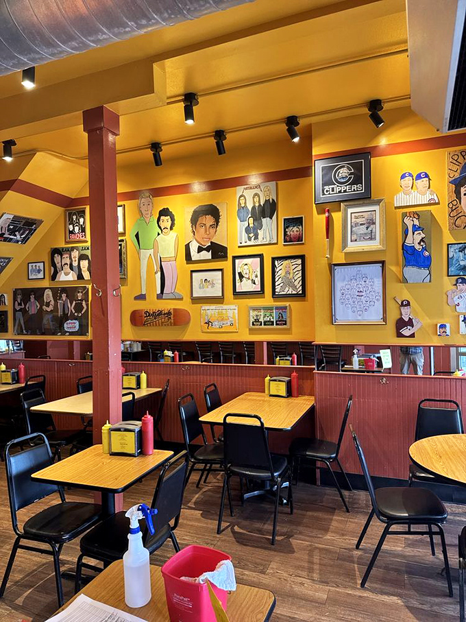 The walls tell stories of pop culture and local pride, creating an atmosphere that's equal parts art gallery and comfort food haven.