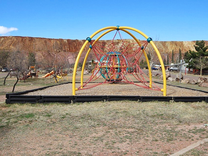This playground sits in the shadow of the massive Lavender Pit mine. In Bisbee, even children's play areas come with spectacular geological backdrops.