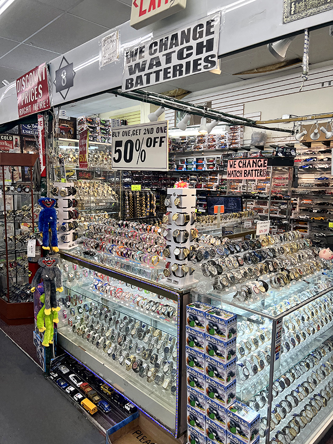 Time stands still at the watch counter, literally. Hundreds of timepieces waiting for new wrists, with a repair service that brings grandfather's Timex back to life.