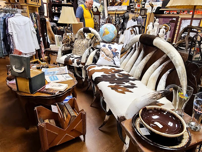 Western-inspired home d&eacute;cor that brings the ranch to Pennsylvania. This cowhide-covered bench would make even John Wayne nod in approval.