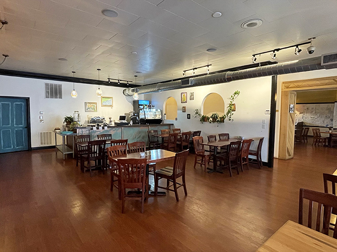 The dining room balances rustic charm with modern comfort, like your coolest friend's living room, if that friend happened to make exceptional waffles.