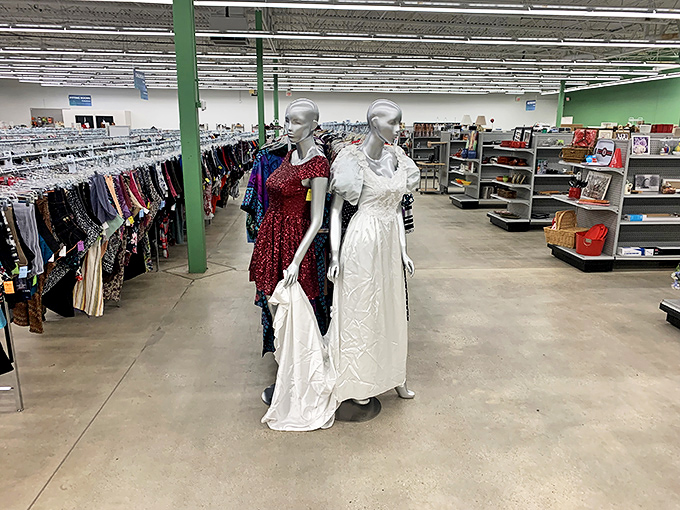 Mannequins showcase formal wear finds that prove special occasion outfits don't need special occasion prices—wedding and prom attire gets a second dance.