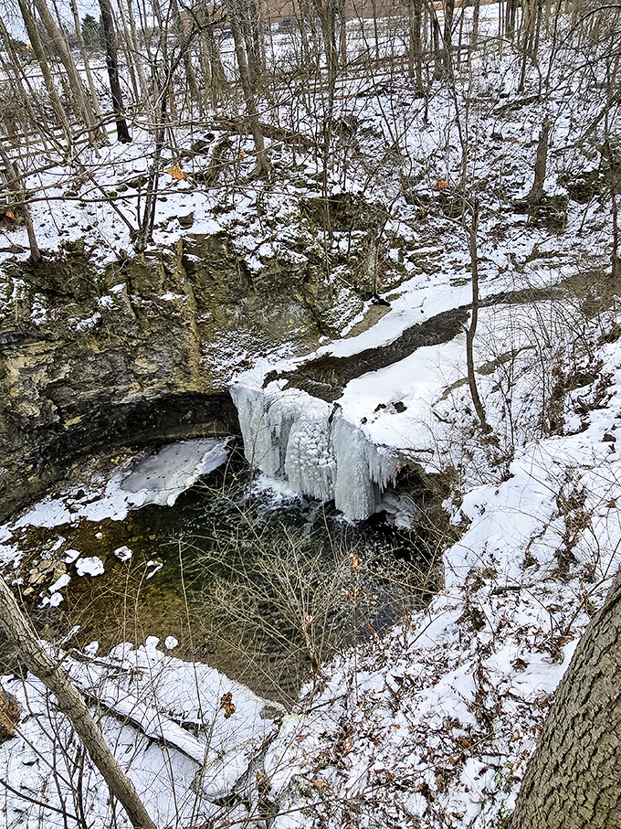 Winter's frozen sculpture garden. The falls take a pause, suspended in crystalline stillness &ndash; nature's version of pressing the magnificent pause button.