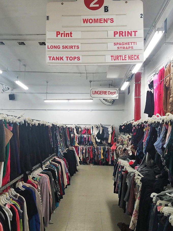 Women's clothing organized with military precision&mdash;where "spaghetti straps" and "turtle neck" aren't just fashion terms but navigational coordinates in this bargain universe.
