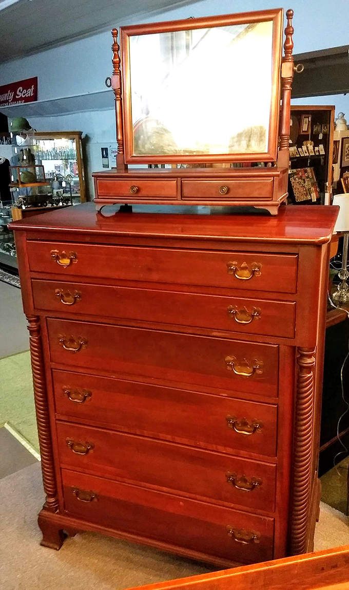 This handsome dresser with swivel mirror has witnessed countless morning rituals and evening preparations&mdash;a dignified piece that's outlived fast furniture by a century.