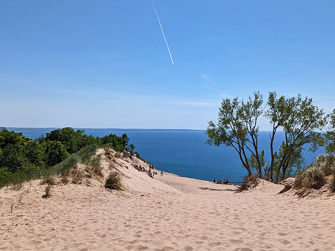 Where the dunes meet the sky, hikers become tiny specks against nature's grandeur. That contrail overhead is someone wisely bypassing the climb.