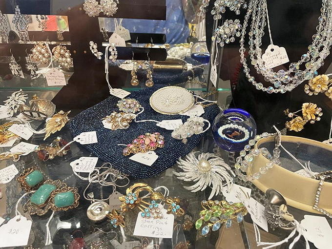 Jewelry that whispers stories of cocktail parties past. Each brooch and earring waiting patiently for its second act.