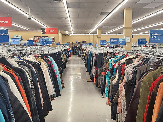 Men's and women's clothing sections face off like opposing armies, each rack a battalion of potential wardrobe upgrades.