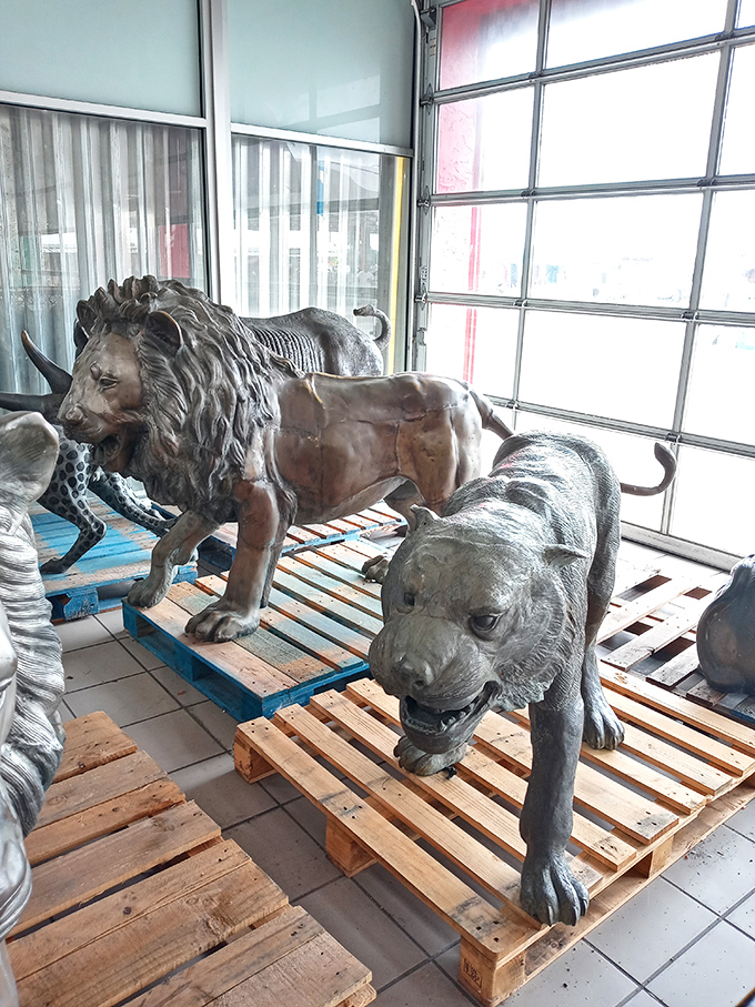 Life-sized lion and tiger sculptures stand guard, perhaps the most unexpected finds in a market where "expect the unexpected" should be the official motto.