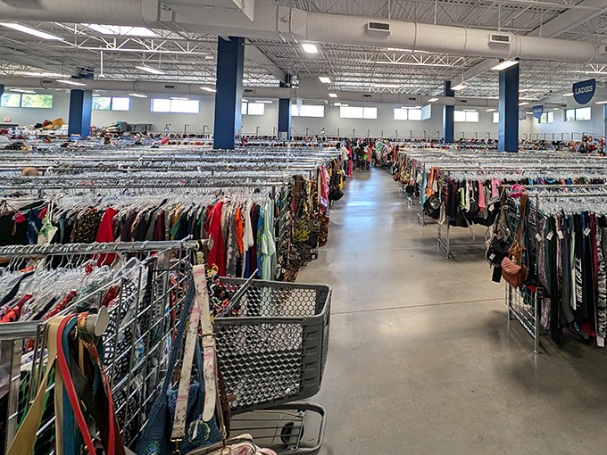 The clothing section stretches toward the horizon, a sea of potential wardrobe refreshes organized with surprising precision.