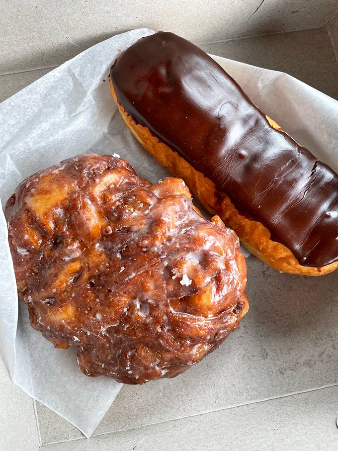 The apple fritter and chocolate long john&mdash;proof that sometimes the best things in life are fried, glazed, and utterly unapologetic.
